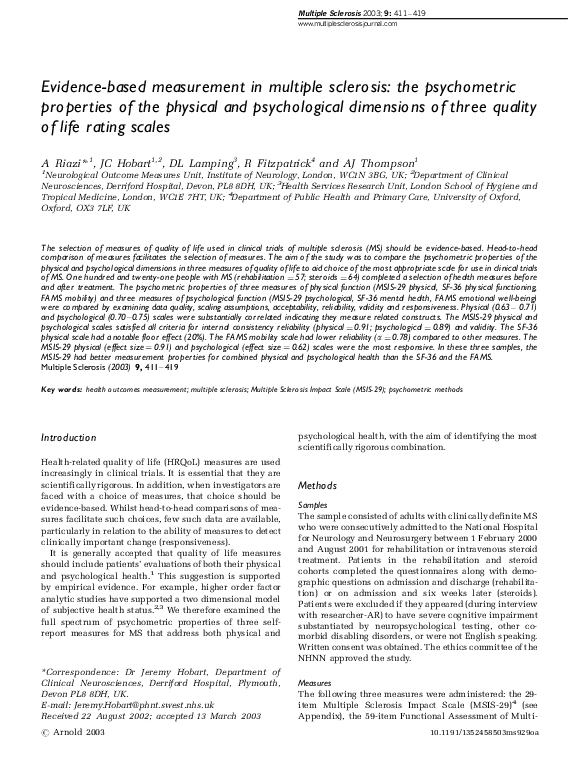 (PDF) Evidence-based measurement in multiple sclerosis: the psychometric properties of the ...
