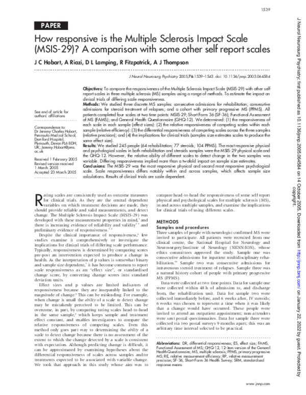 (PDF) How responsive is the Multiple Sclerosis Impact Scale (MSIS-29 ...