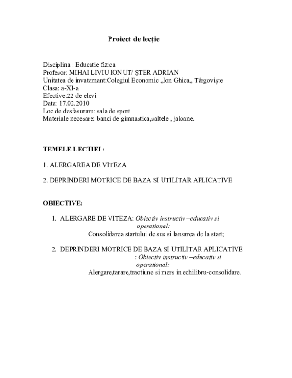 (DOC) Proiect de lecție