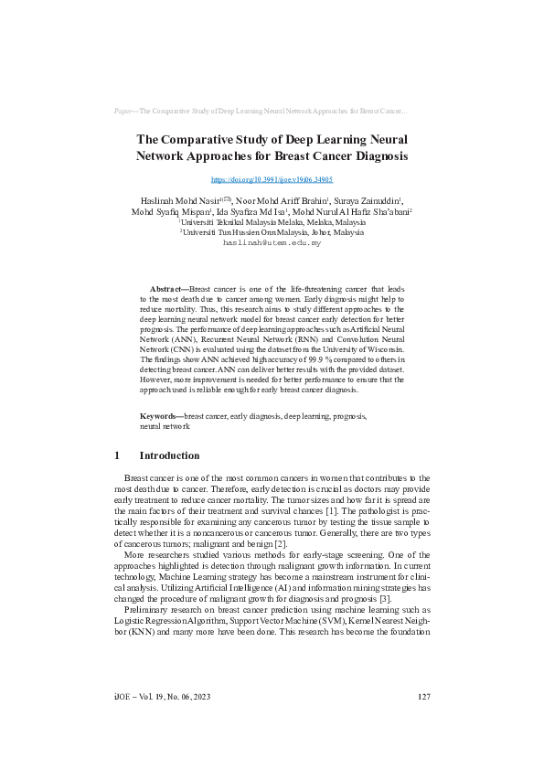 (PDF) The Comparative Study of Deep Learning Neural Network Approaches for Breast Cancer Diagnosis
