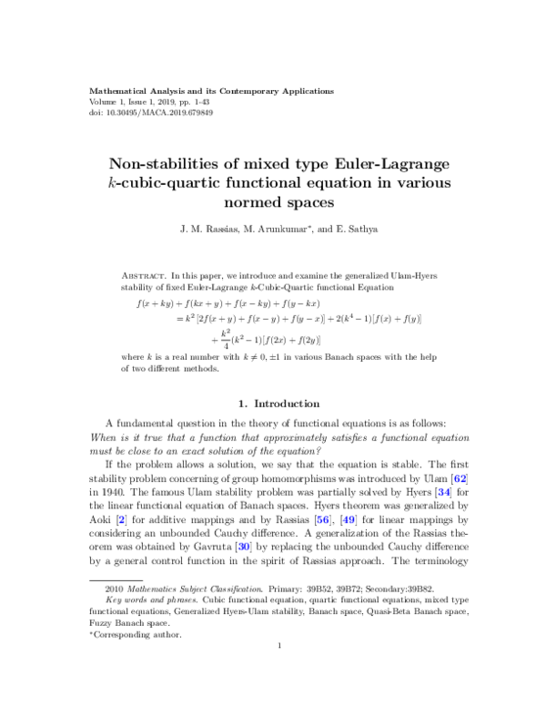 (PDF) Non-stabilities of mixed type Euler-Lagrange k-cubic-quartic functional equation in ...