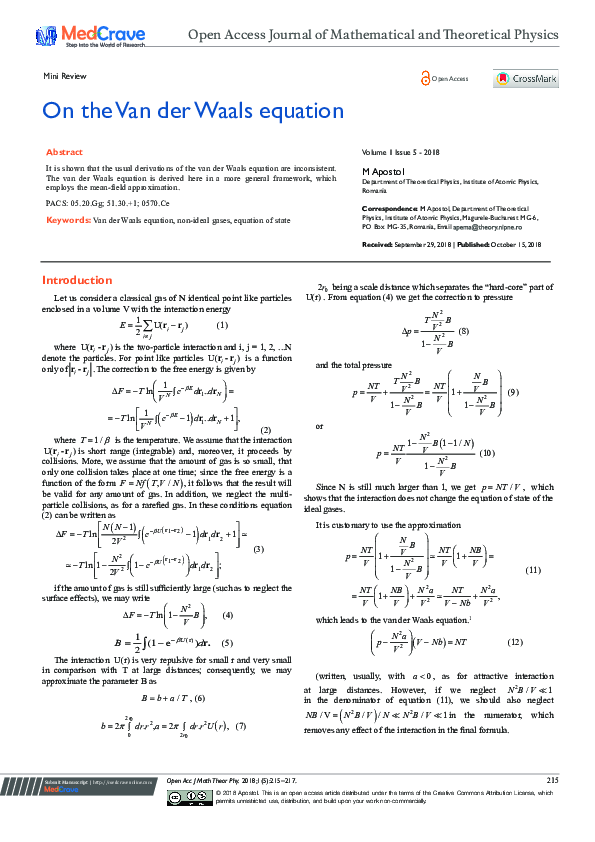 (PDF) On the Van der Waals equation