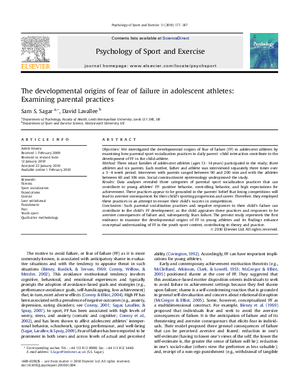 (PDF) The developmental origins of fear of failure in adolescent ...