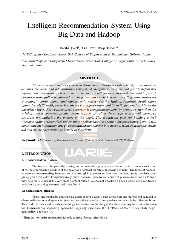 Pdf Intelligent Recommendation System Using Big Data And Hadoop