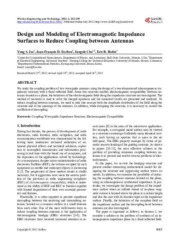 (PDF) Design and Modeling of Electromagnetic Impedance Surfaces to Reduce Coupling between Antennas