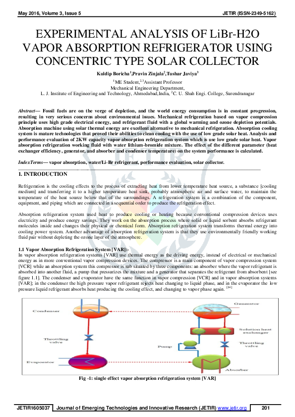 (PDF) EXPERIMENTAL ANALYSIS OF LiBr-H2O VAPOR ABSORPTION REFRIGERATOR ...