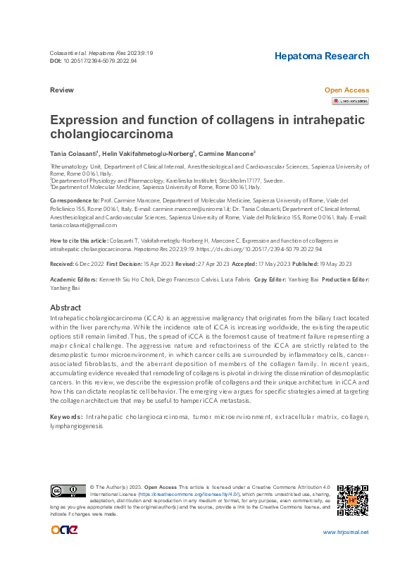 (PDF) Expression and function of collagens in intrahepatic cholangiocarcinoma