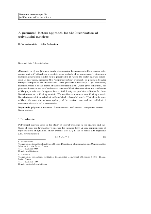 (PDF) Permuted Factors for Polynomial Matrix Linearization
