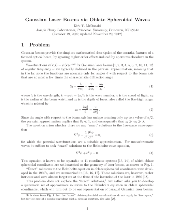 (PDF) Gaussian Laser Beams via Oblate Spheroidal Waves | Kirk McDonald ...