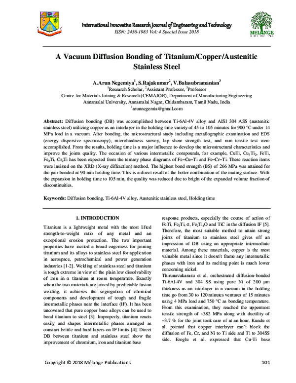 (PDF) A Vacuum Diffusion Bonding of Titanium/Copper/Austenitic Stainless Steel