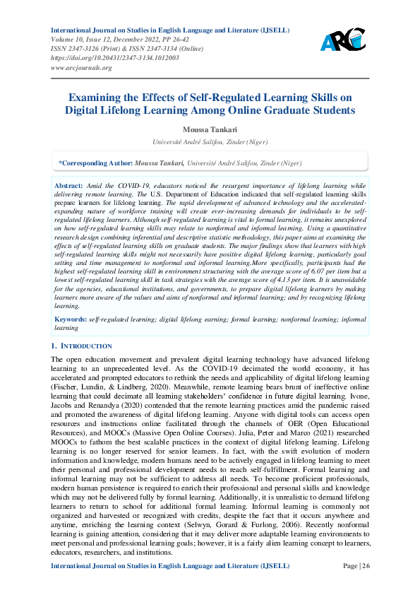 Pdf Examining The Effects Of Self Regulated Learning Skills On Digital Lifelong Learning Among