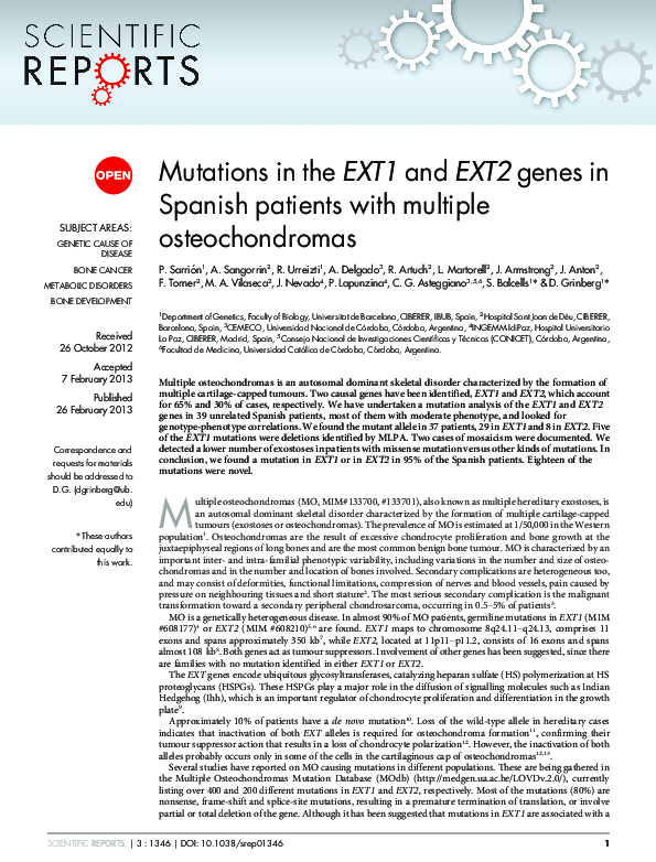 (PDF) Mutations in the EXT1 and EXT2 genes in Spanish patients with ...