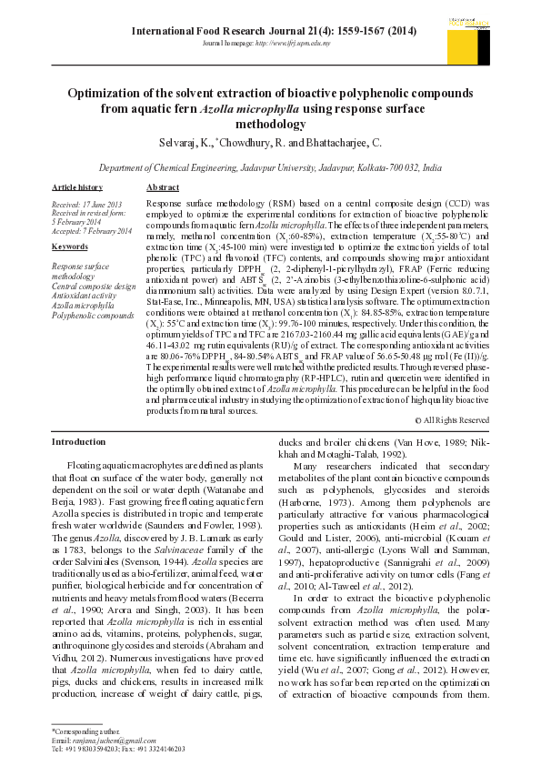 Pdf Optimization Of The Solvent Extraction Of Bioactive Polyphenolic