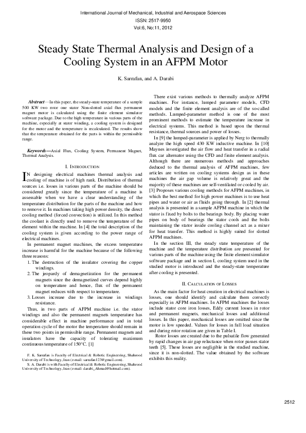 (PDF) Steady State Thermal Analysis And Design Of A Cooling System In An Afpm Motor