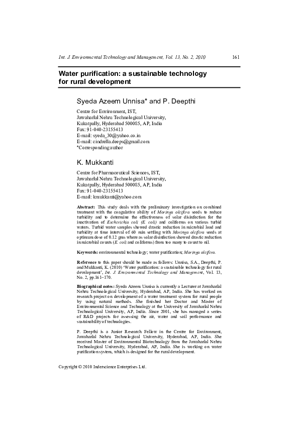 (PDF) Water purification: a sustainable technology for rural development