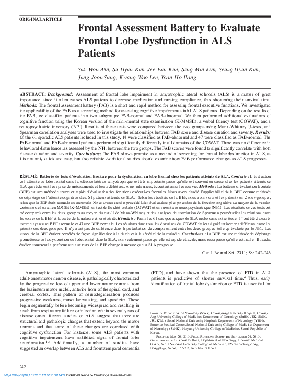 (PDF) Frontal Assessment Battery to Evaluate Frontal Lobe Dysfunction ...