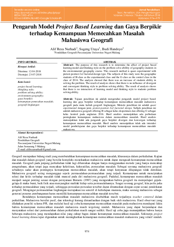 (PDF) Pengaruh Model Project Based Learning dan Gaya Berpikir terhadap Kemampuan Memecahkan ...