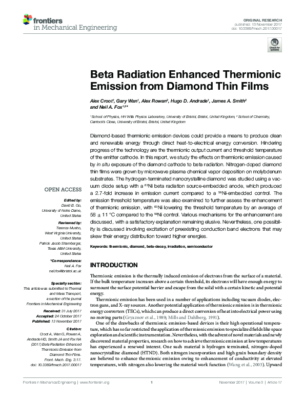 (PDF) Beta Radiation Enhanced Thermionic Emission from Diamond Thin Films | Neil Fox - Academia.edu