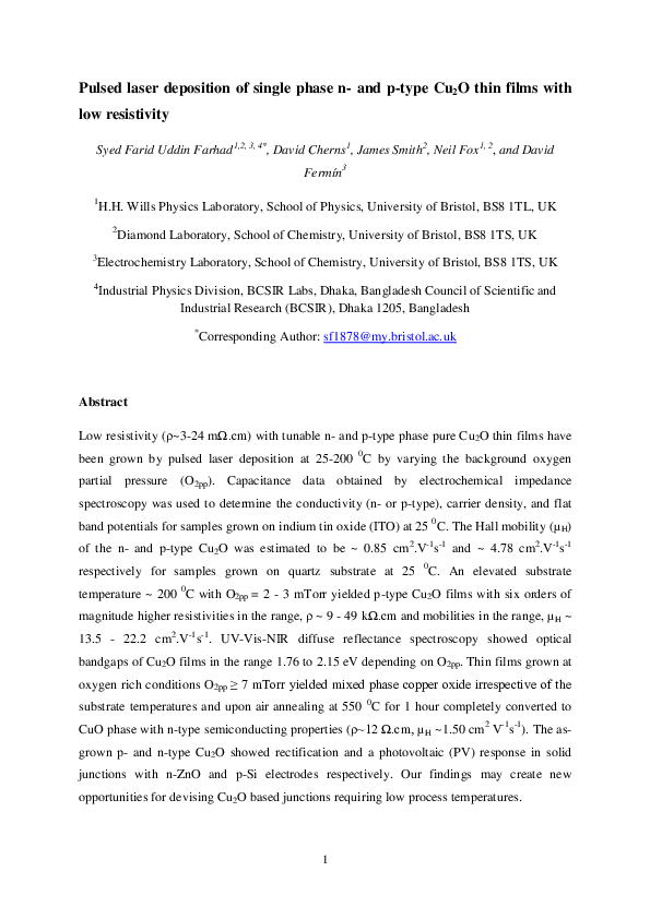 (PDF) Pulsed laser deposition of single phase n- and p-type Cu2O thin films with low resistivity