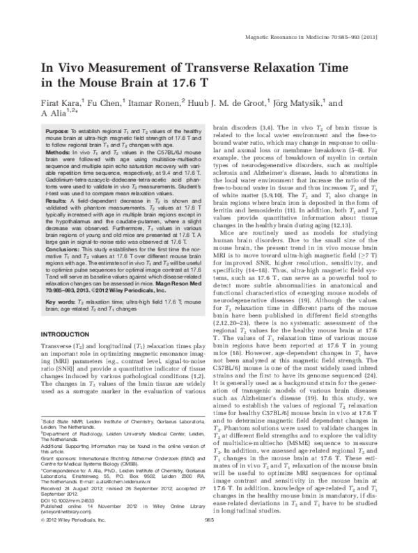 (PDF) In vivo measurement of transverse relaxation time in the mouse ...