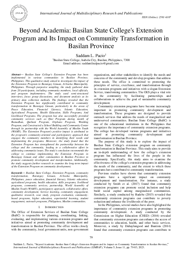(PDF) Beyond Academia: Basilan State College's Extension Program and ...