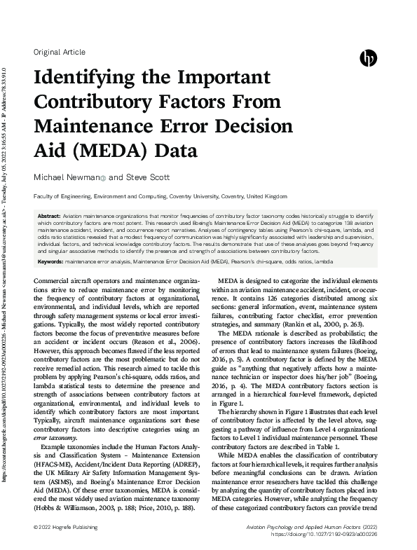 (PDF) Identifying the Important Contributory Factors From Maintenance ...