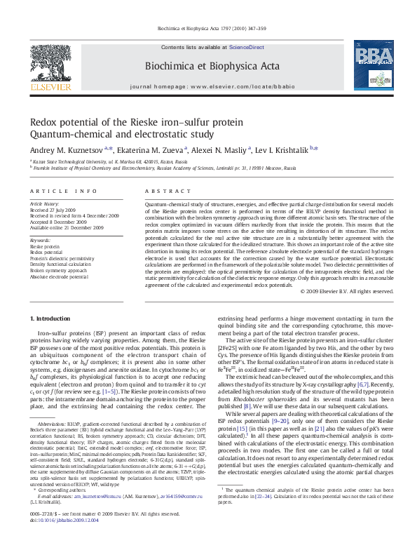 (PDF) Redox potential of the Rieske iron–sulfur protein | Ekaterina ...
