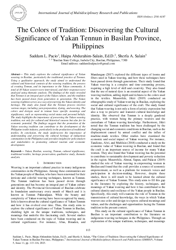 (PDF) The Colors of Tradition: Discovering the Cultural Significance of Yakan Tennun in Basilan ...