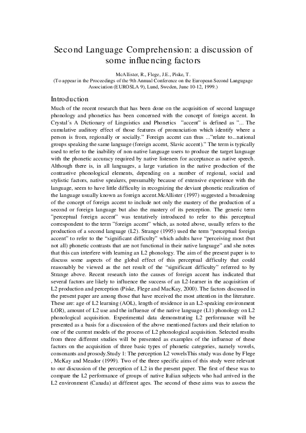(PDF) Second Language Comprehension: a discussion of some influencing ...
