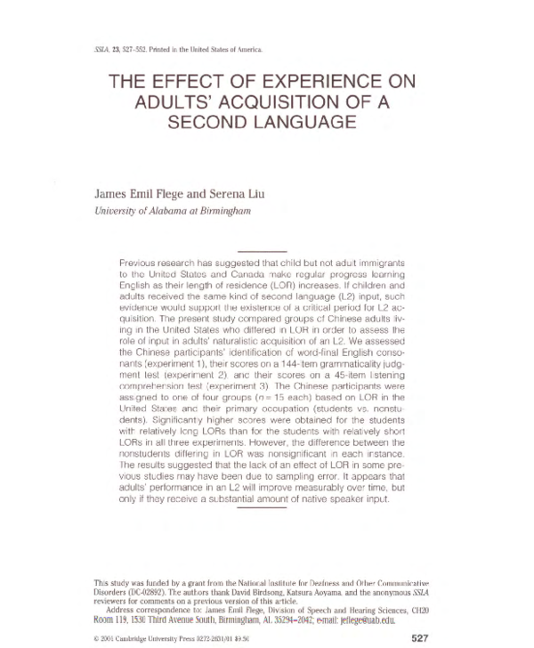 (PDF) The Effect of Experience on Adults' Acquisition of a Second Language