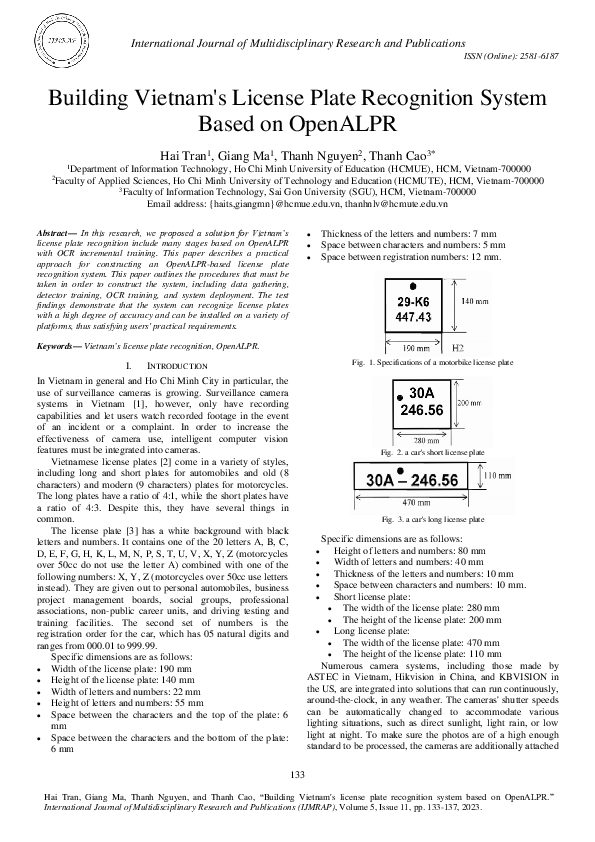 (PDF) Building Vietnam's License Plate Recognition System Based on OpenALPR