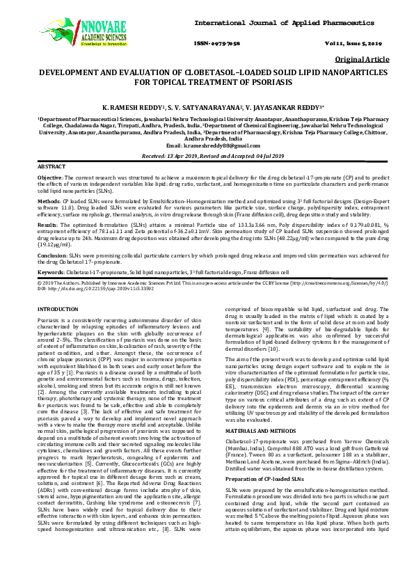 (PDF) DEVELOPMENT AND EVALUATION OF CLOBETASOL-LOADED SOLID LIPID NANOPARTICLES FOR TOPICAL ...