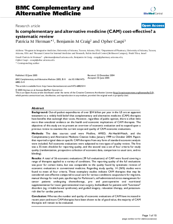 (PDF) Is complementary and alternative medicine (CAM) cost-effective? A systematic review