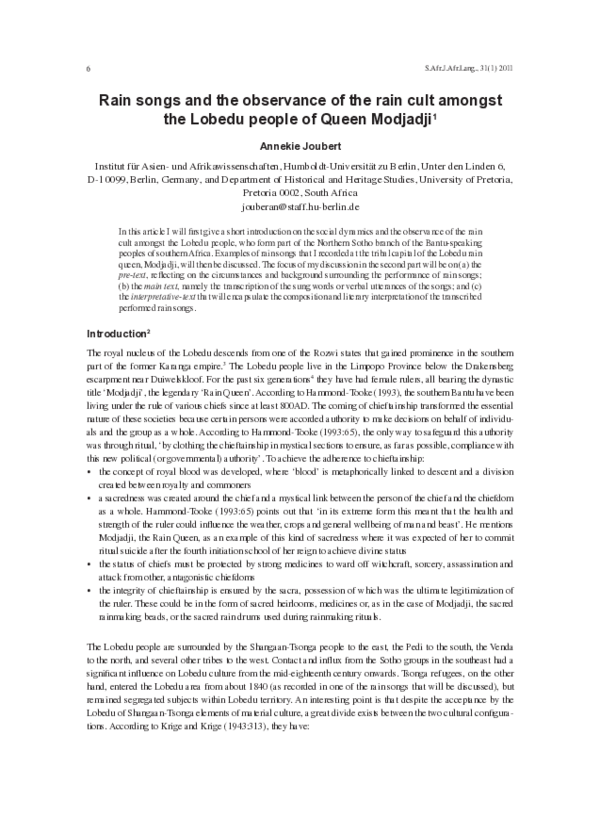 (PDF) Rain songs and the observance of the rain cult amongst the Lobedu ...