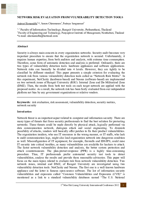 Pdf Network Risk Evaluation From Security Metric Of Vulnerability
