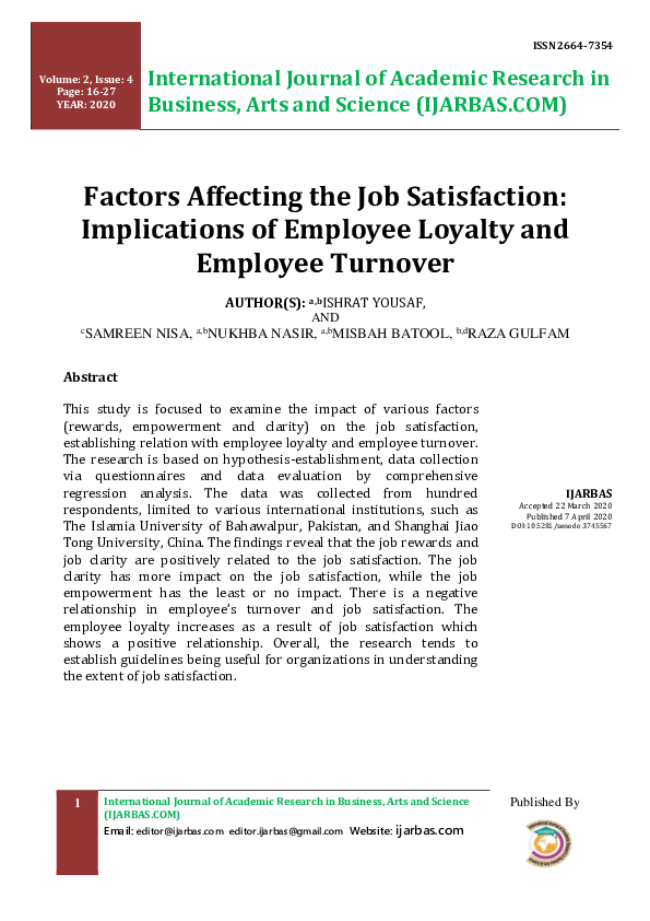 (PDF) Factors Affecting the Job Satisfaction: Implications of Employee Loyalty and Employee Turnover