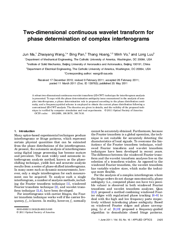 (PDF) Two-dimensional continuous wavelet transform for phase determination of complex interferograms