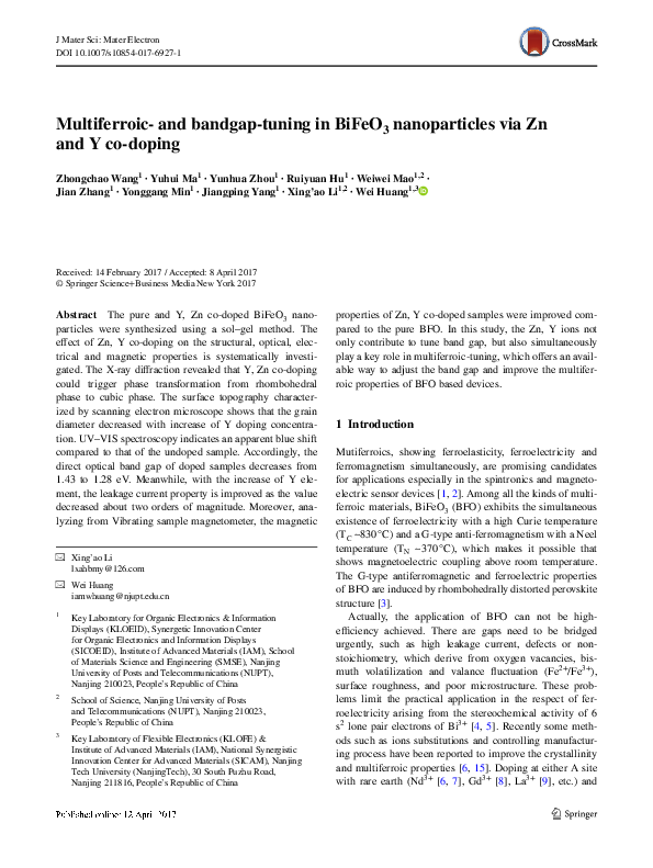 (PDF) Multiferroic- and bandgap-tuning in BiFeO3 nanoparticles via Zn and Y co-doping