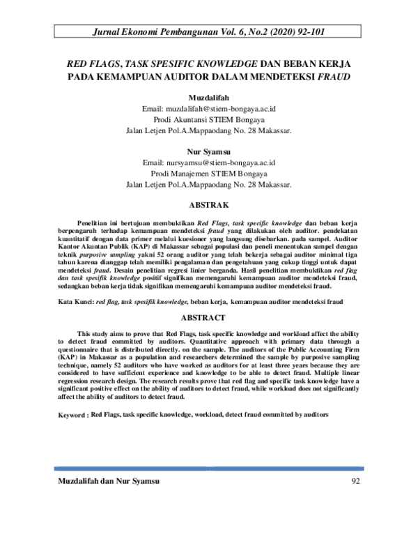 (PDF) Red Flags, Task Spesific Knowledge Dan Beban Kerja Pada Kemampuan Auditor Dalam Mendeteksi ...