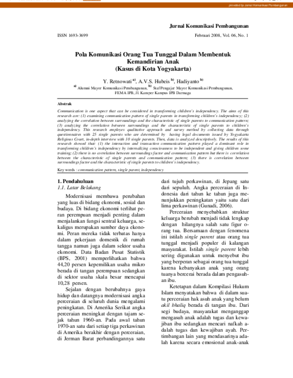 (PDF) Pola Komunikasi Orang Tua Tunggal Dalam Membentuk Kemandirian Anak (Kasus di Kota Yogyakarta)