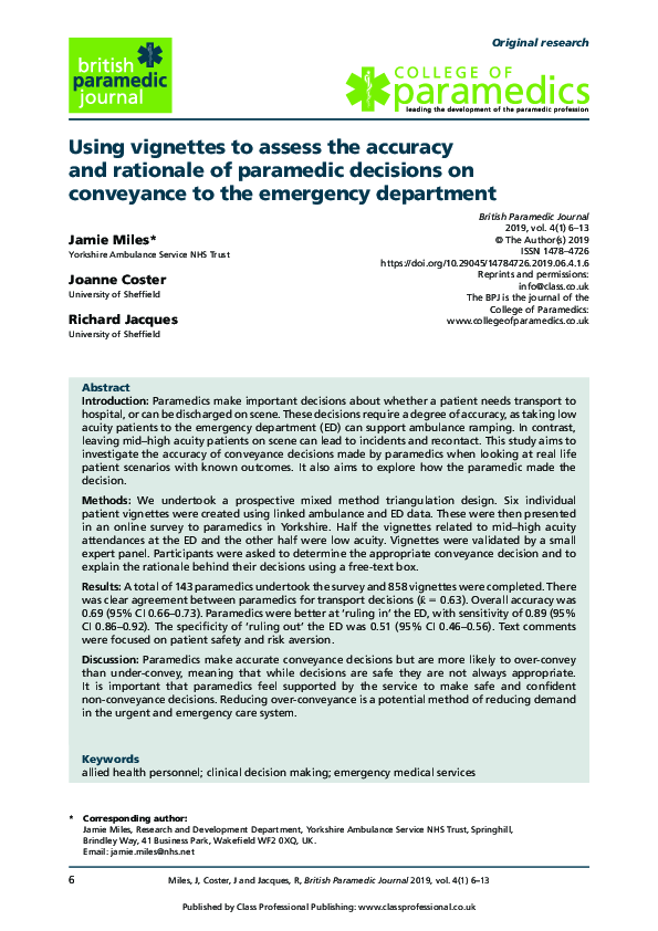 (PDF) Using vignettes to assess the accuracy and rationale of paramedic ...