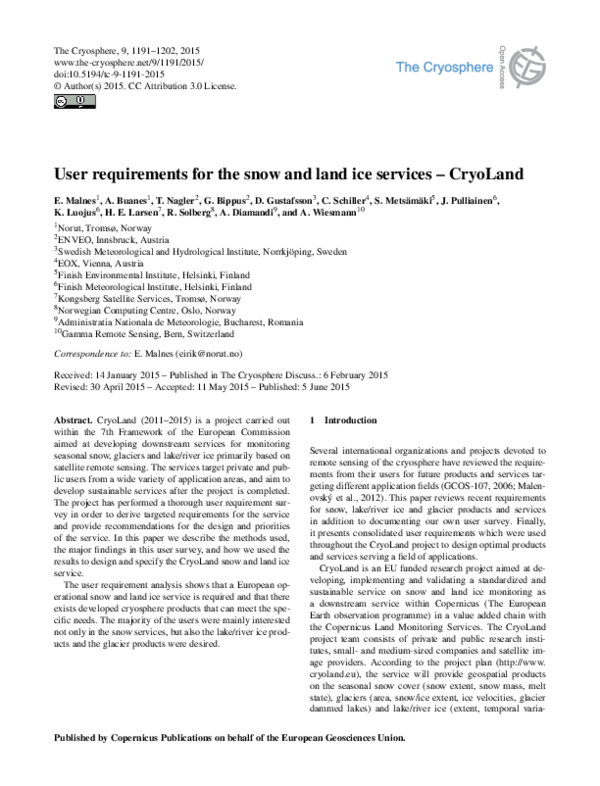 (PDF) User requirements for the snow and land ice services – CryoLand