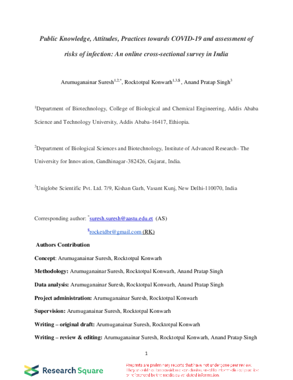 (PDF) Public Knowledge, Attitudes, Practices towards COVID-19 and assessment of risks of ...