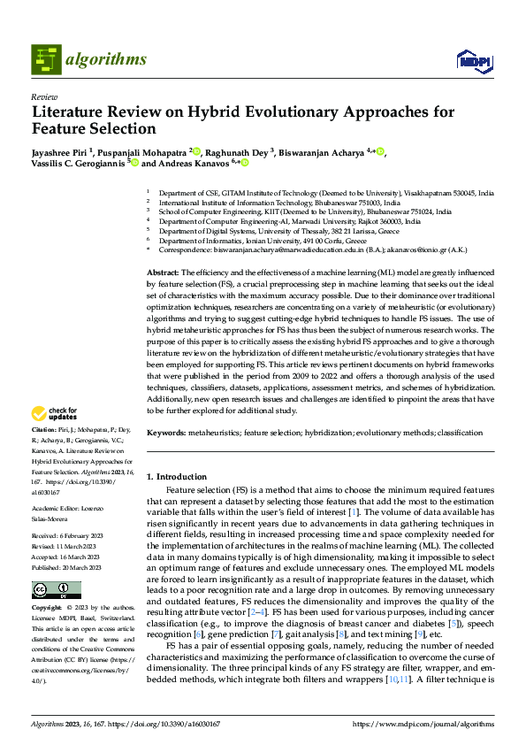 Pdf Literature Review On Hybrid Evolutionary Approaches For Feature Selection