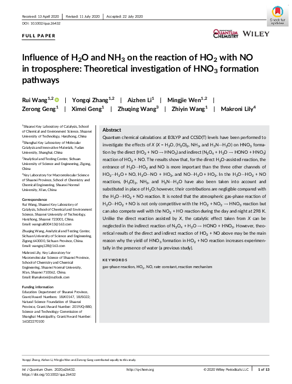 (PDF) Influence of H 2 O and NH 3 on the reaction of HO 2 with NO in troposphere: Theoretical ...