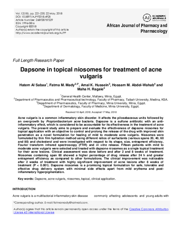 (PDF) Dapsone in topical niosomes for treatment of acne vulgaris