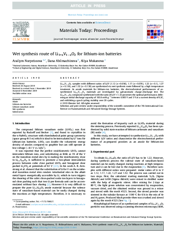 (PDF) Wet synthesis route of Li1+xV1−xO2 for lithium-ion batteries