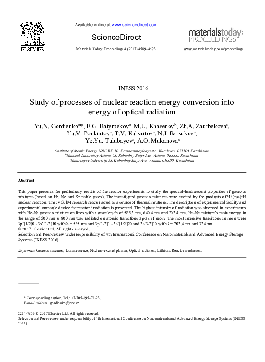 (PDF) Study of processes of nuclear reaction energy conversion into ...