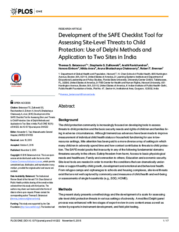 (PDF) Development of the SAFE Checklist Tool for Assessing Site-Level Threats to Child ...