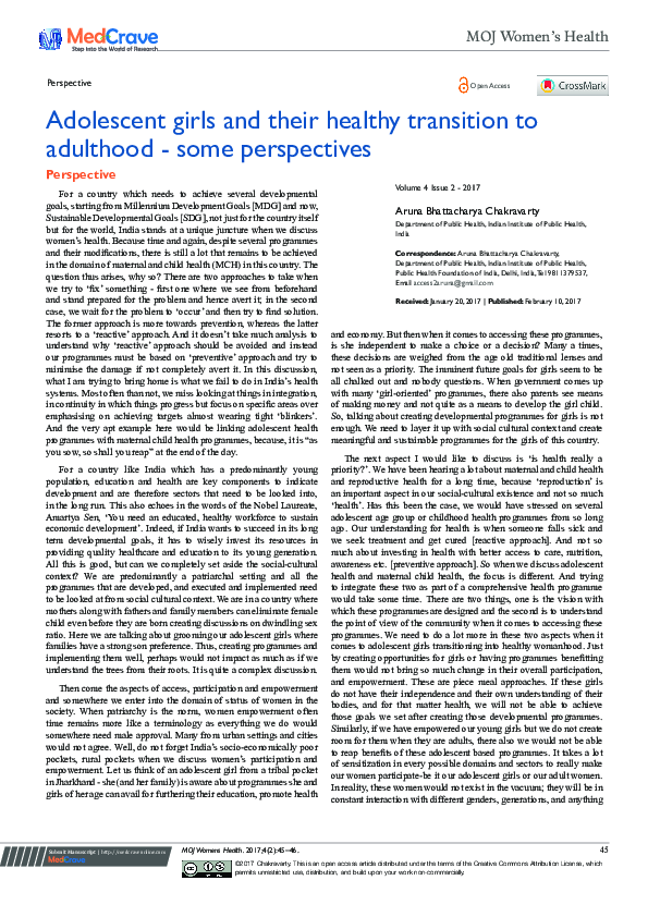 (PDF) Adolescent Girls and their Healthy Transition to Adulthood - Some ...